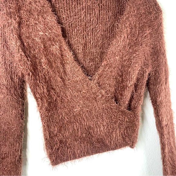 Sweaters | Brown Fuzzy Furry Faux Wrap Crop Sweater | Poshmark